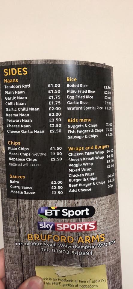 Menu at Bruford Arms pub & bar, Wolverhampton