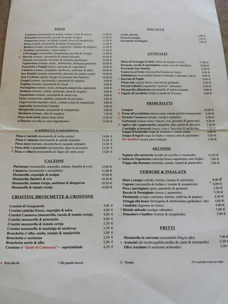 Menu em Casanova pizzaria, Lisboa