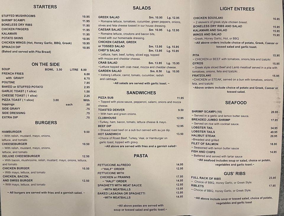 Menu at Gus' Greek Ribs Family Restaurant, Tisdale