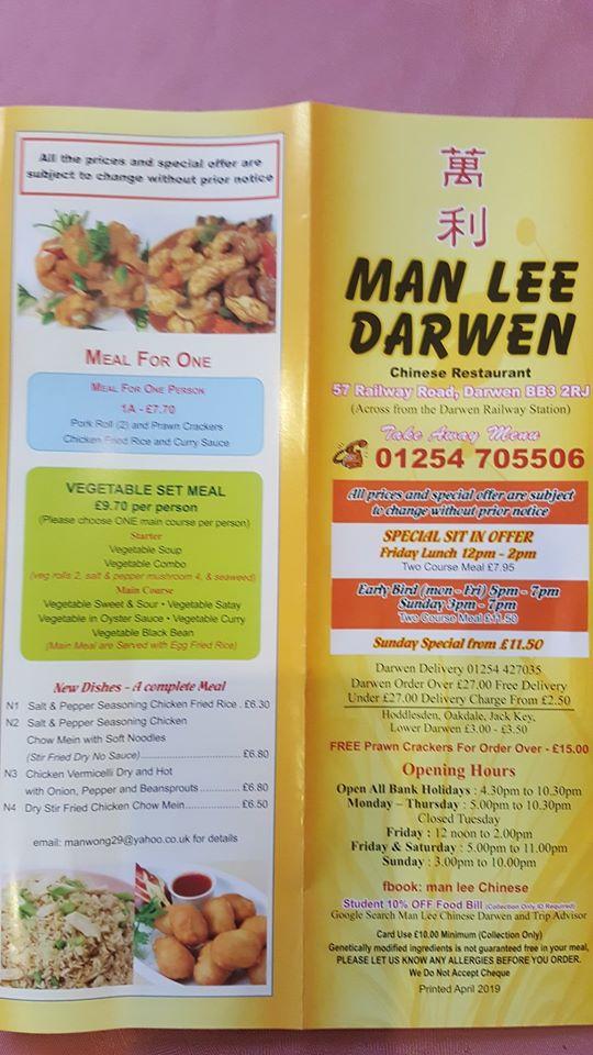 Menu at Man Lee Chinese Restaurant, Darwen