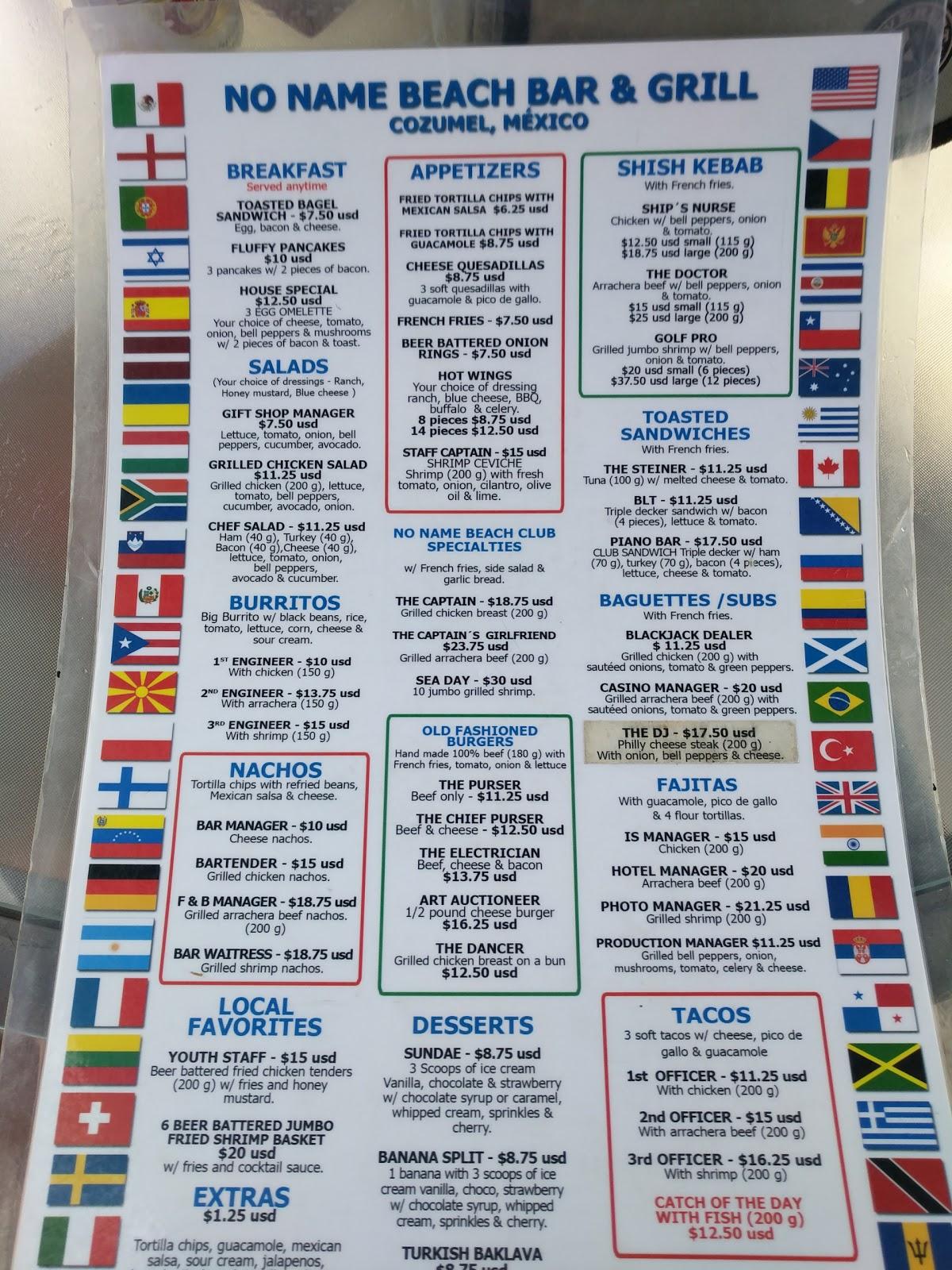 Menu at No Name Bar, San Miguel de Cozumel