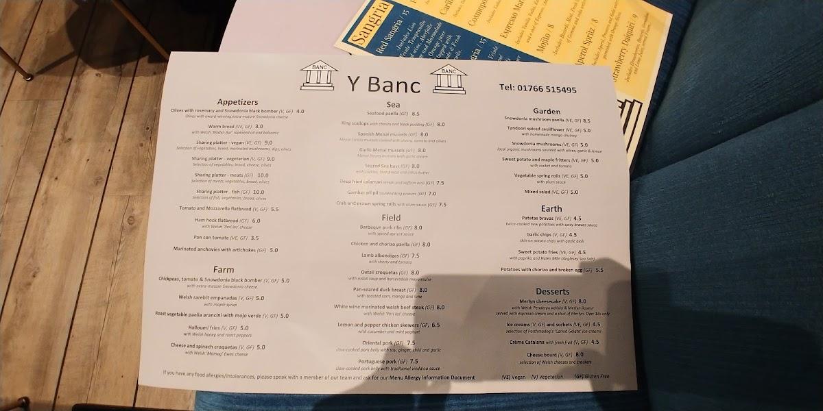 Menu at Banc Restaurant, Porthmadog