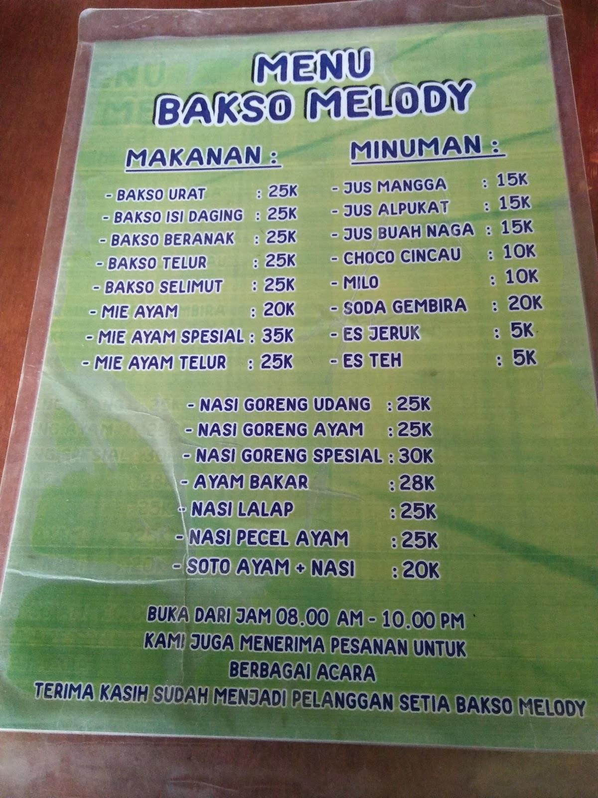 Menu at Bakso Melodi restaurant, Tanjung Selor Hilir