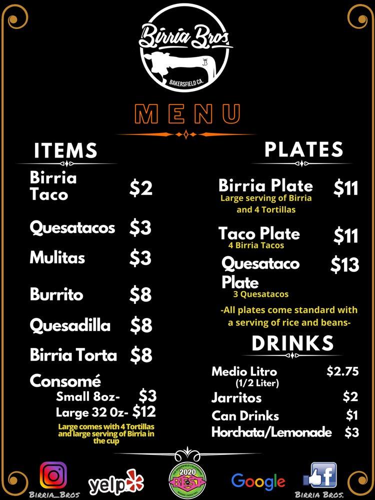 Carta del restaurante Birria Bros, Bakersfield