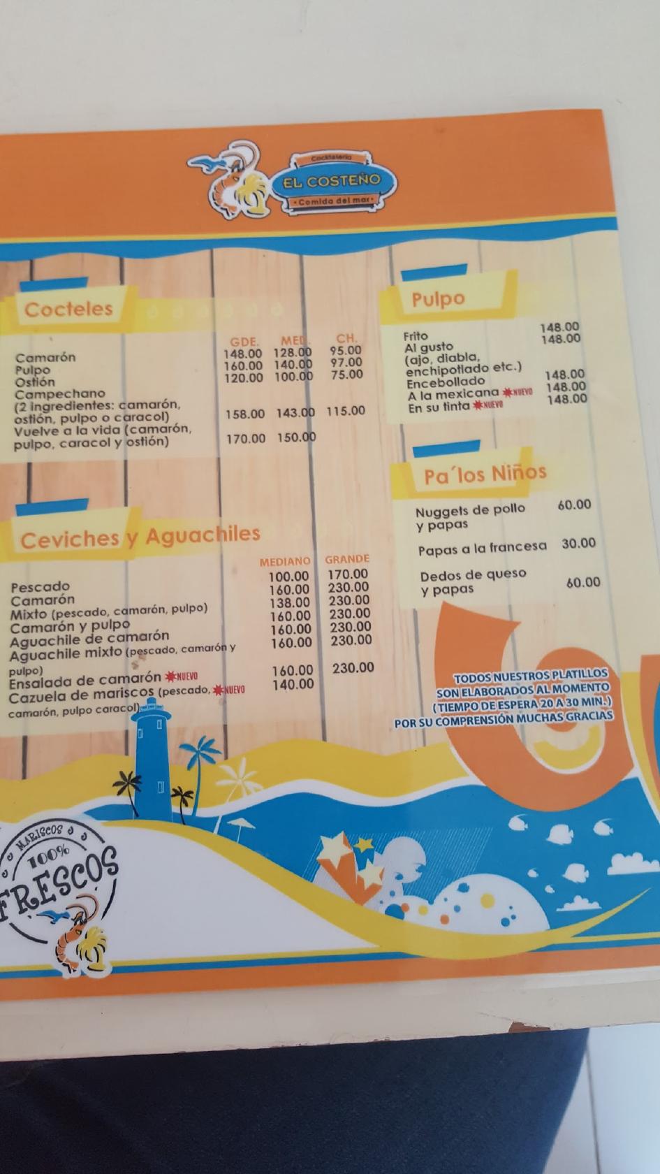 Carta del restaurante El Costeño, Merida, Calle 74 490
