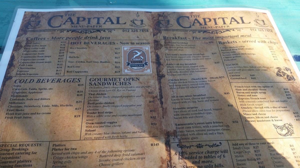 Menu at Coffee@Capital restaurant, Pretoria