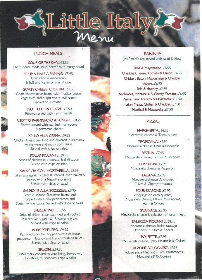 Menu at Little Italy restaurant, Inverness