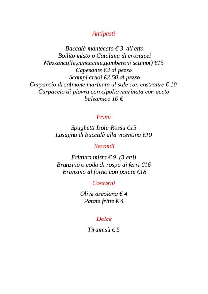Menu da Ristorante Isola Rossa, Mira