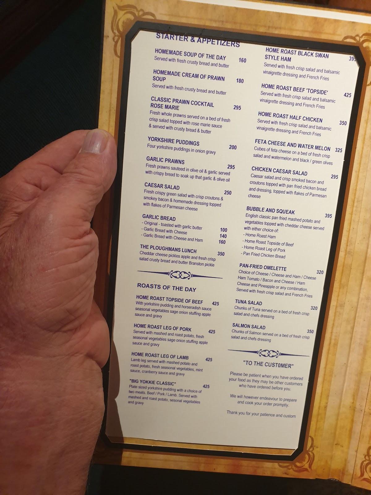 Menu at The Black Swan restaurant, Bangkok