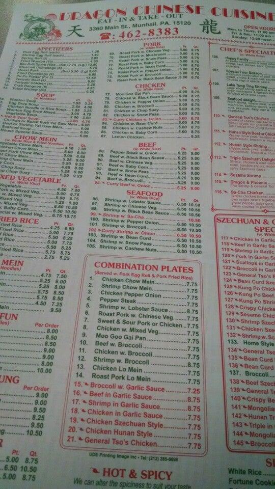 Menu at Dragon Chinese Cuisine restaurant, Munhall