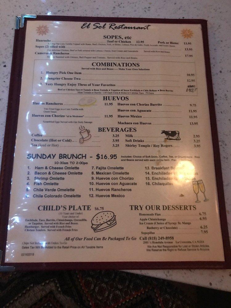 Menu at El Sol Mexican Restaurant, Glendale