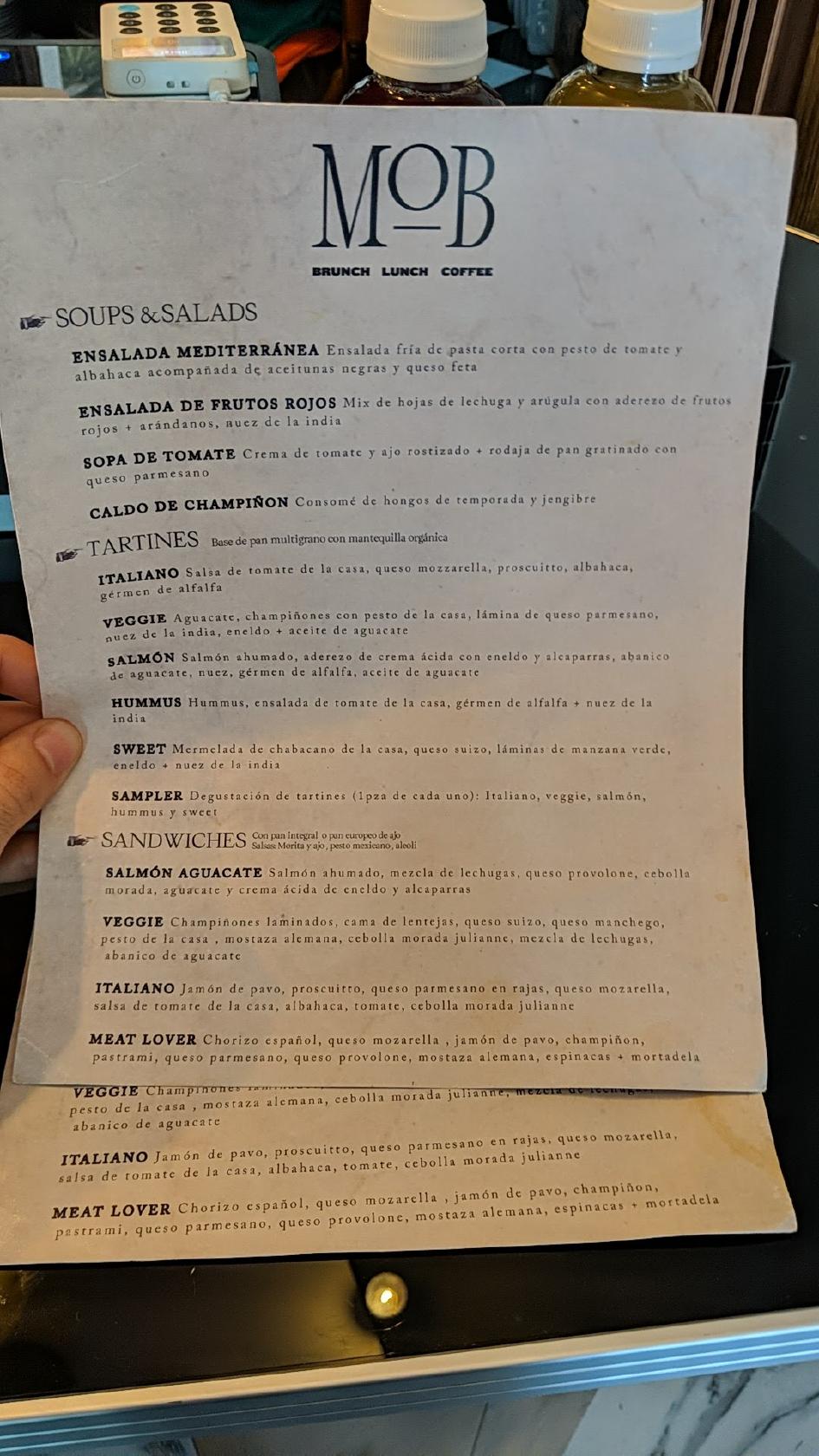 Menu at Mob café, San Pedro Garza García