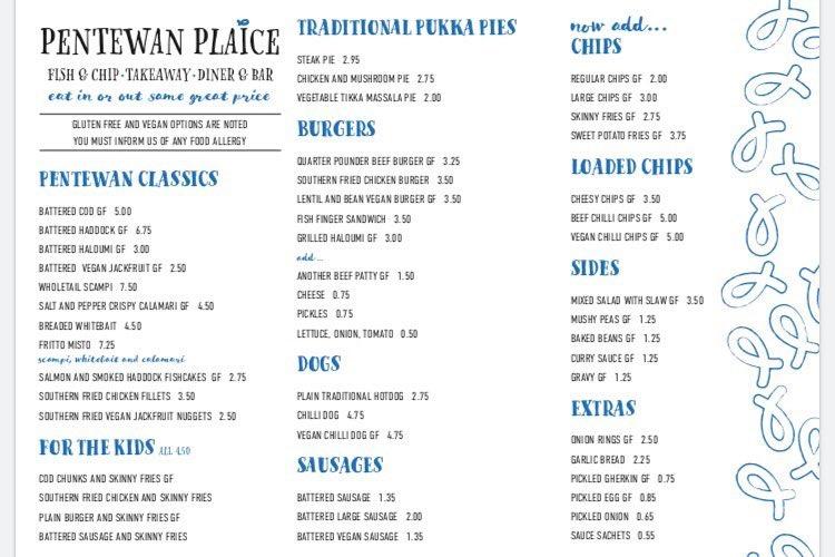 Menu at Pentewan Plaice restaurant, Mevagissey