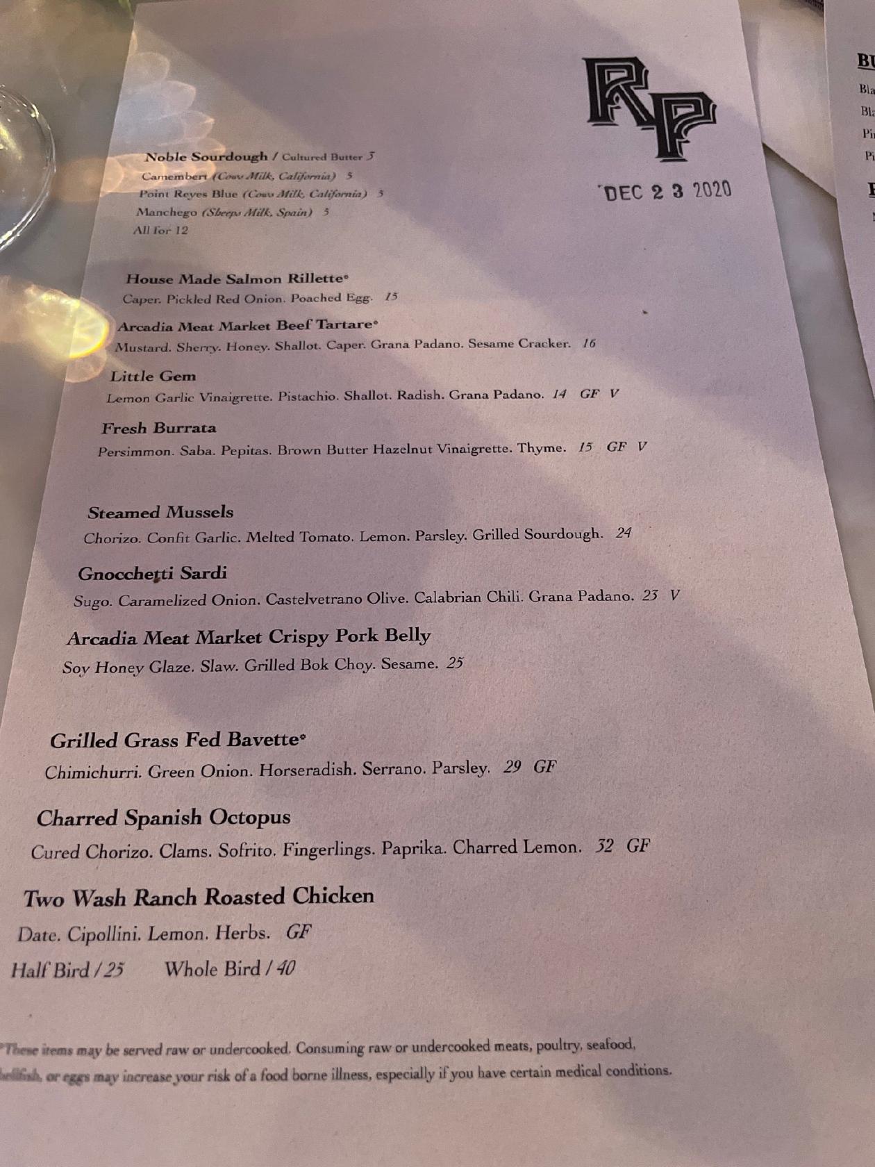 Menu at Restaurant Progress, Phoenix