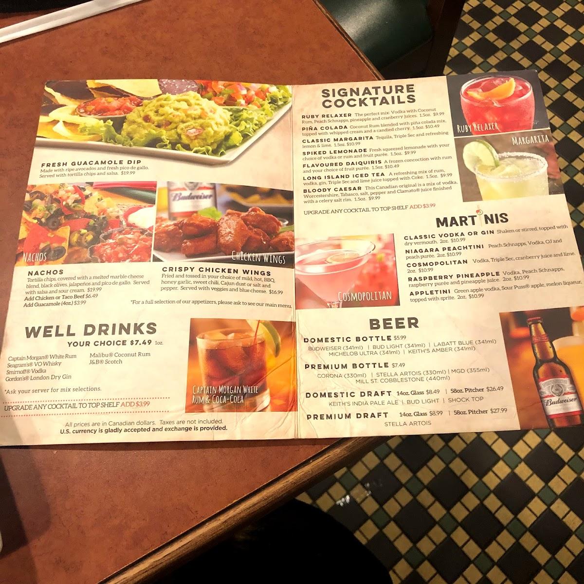 Carta del restaurante Ruby Tuesday, Niagara Falls, Clifton Hill