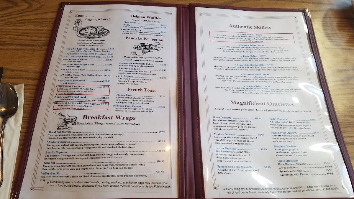 Menu at Valley Inn Restaurant, Lakewood