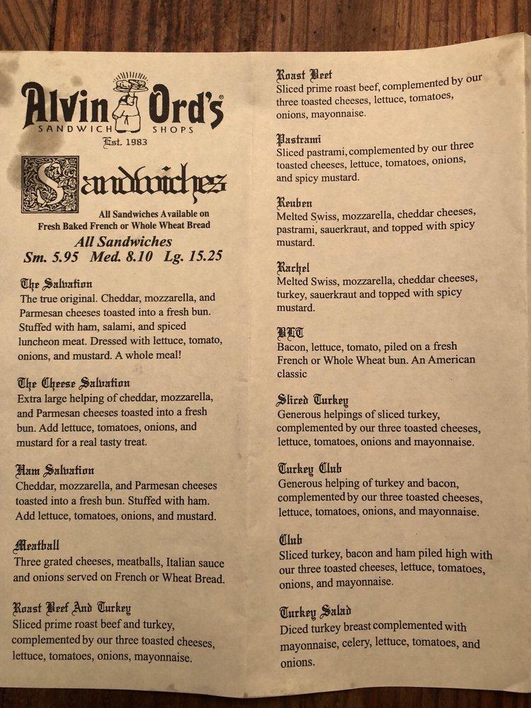 Menu at Alvin Ord's Sandwich Shop restaurant, Port Royal
