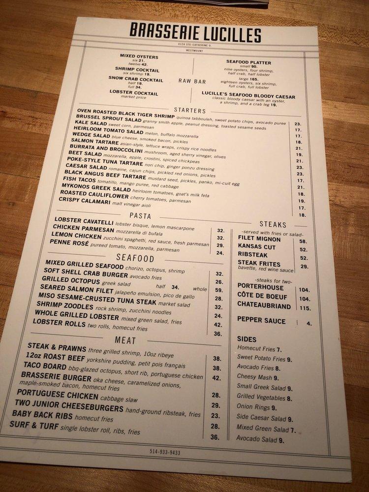 Menu at Brasserie Lucille's Ville-Marie restaurant, Westmount, Saint ...