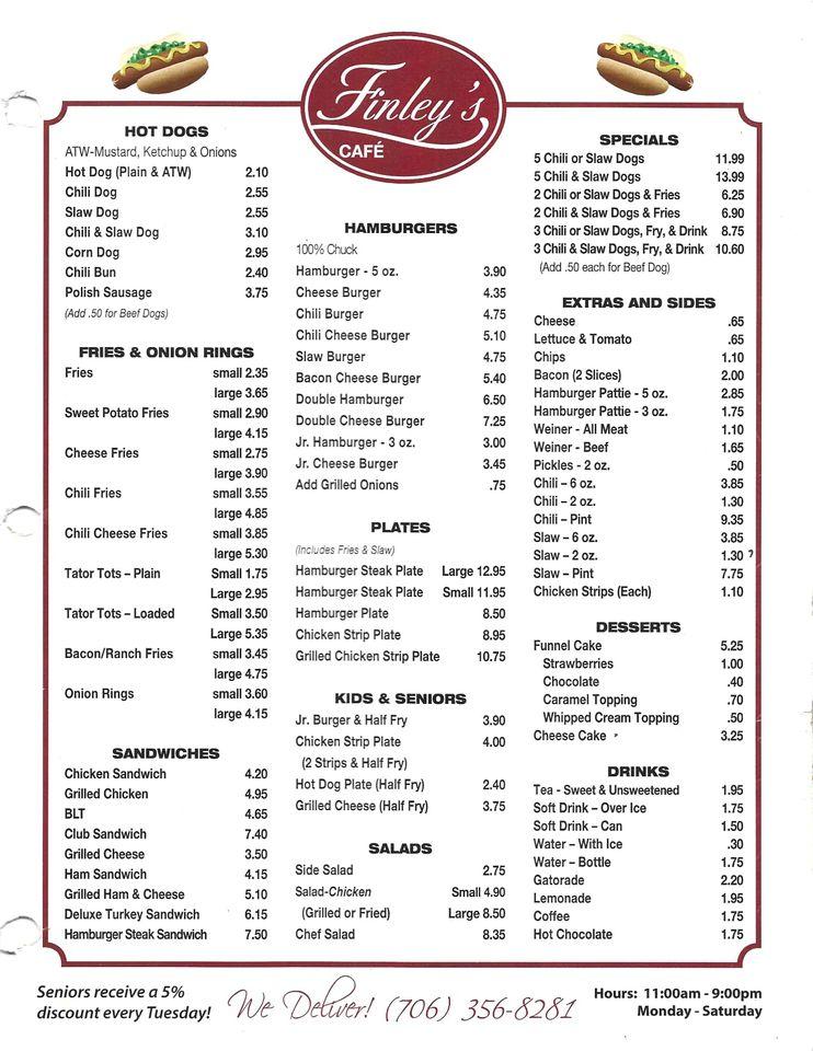 Menu at Finley's Cafe, Lavonia