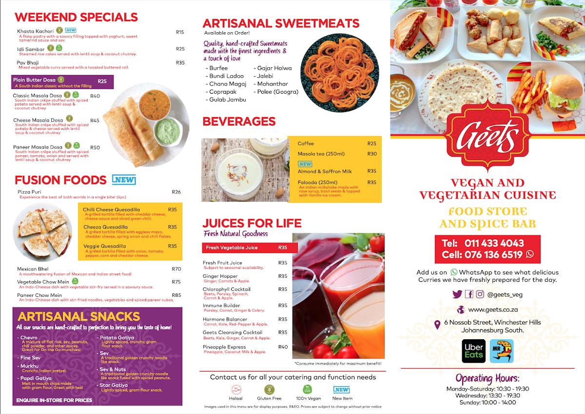 Menu at Geets restaurant, Johannesburg