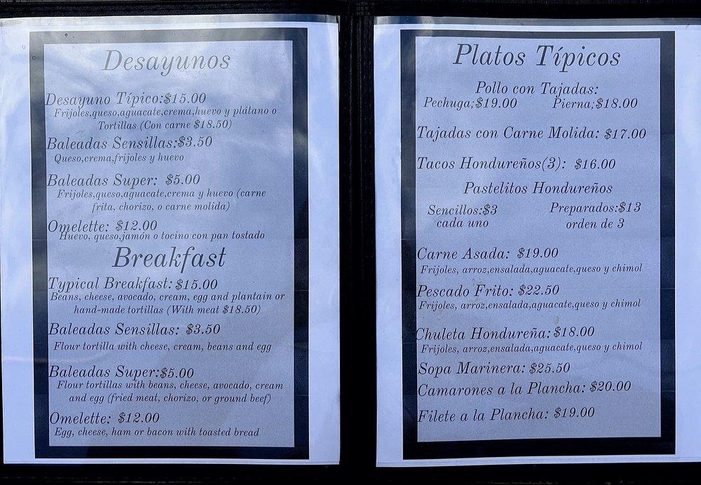 Carta de La Bendición restaurante tipico Hondureño, Campbell