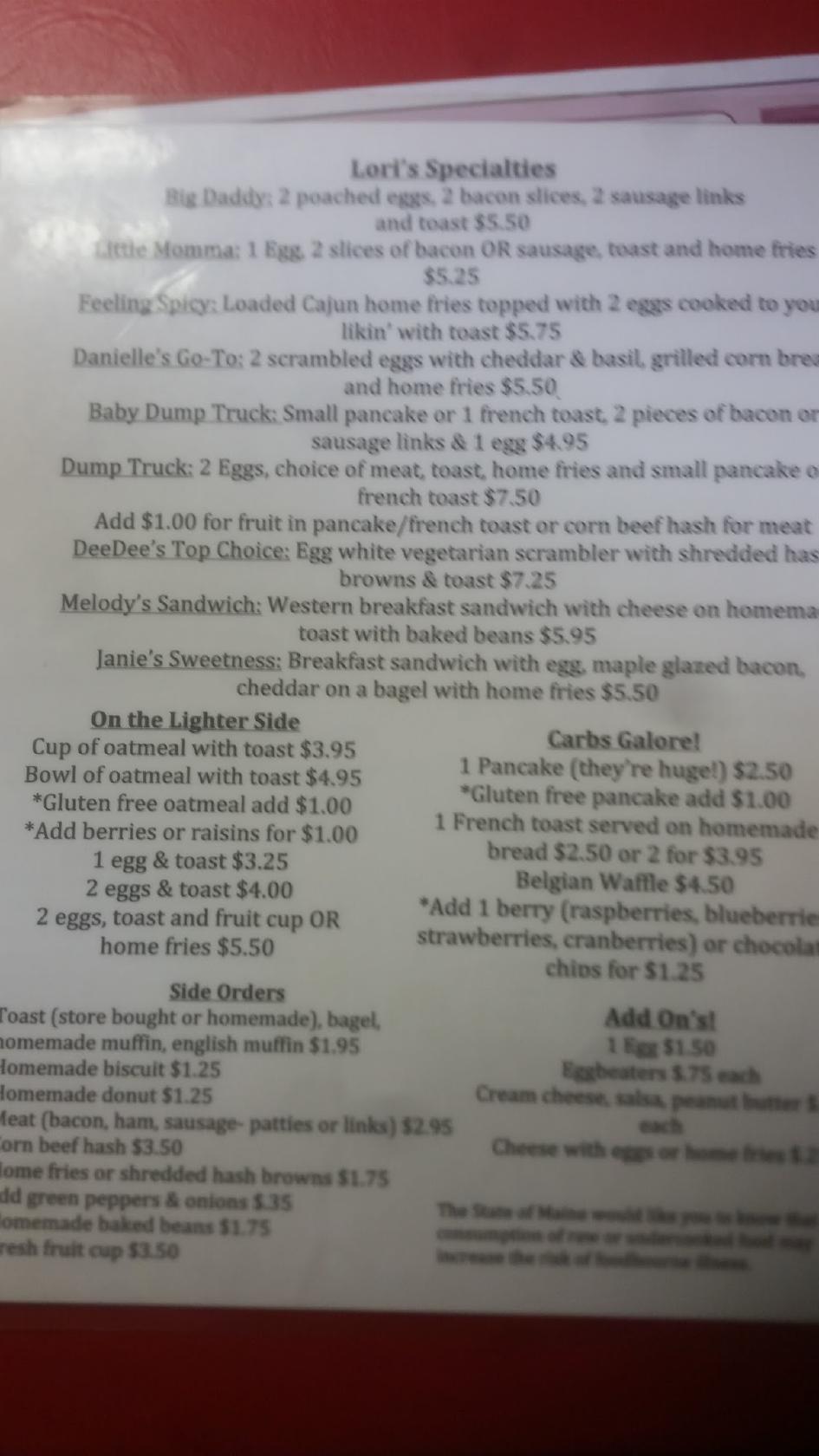 Menu at Lori's Cafe, Liberty