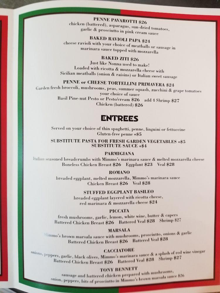 Menu at Mimmo's Italian Restaurant, York, 243 Long Beach Ave
