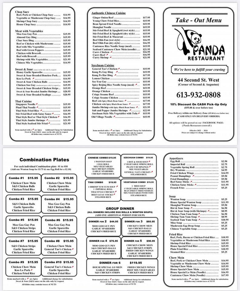 Menu at Panda restaurant, Cornwall