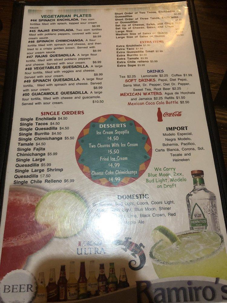 Menu at Ramiro's Mexican Restaurant, Woodward