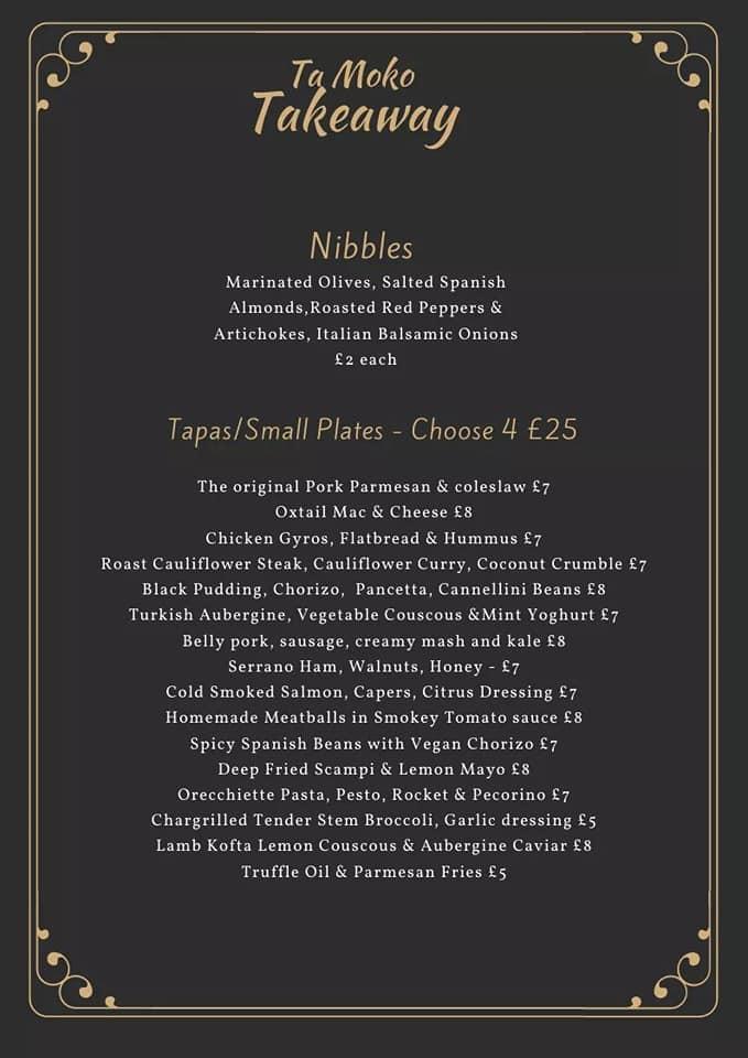 Menu at Ta Moko restaurant, Middlesbrough