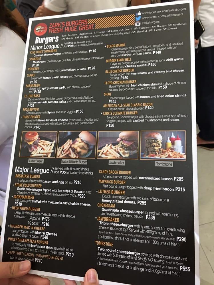 Menu at Zarks Burger, Manila, Felix Huertas Road LG/F