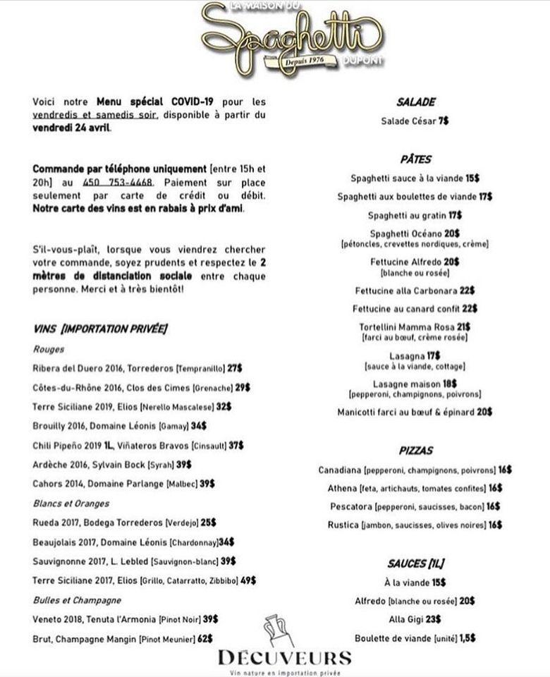 Menu au Maison Du Spaghetti Dupont Joliette restaurant, Joliette