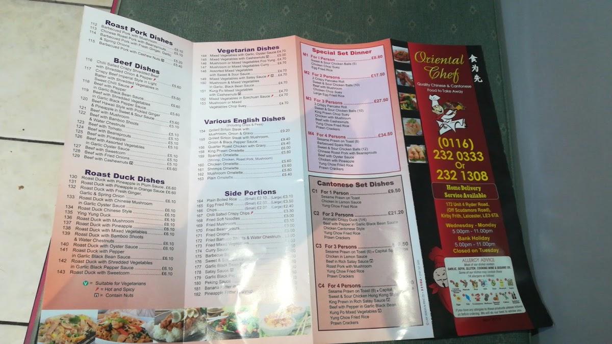 Menu at Oriental Chef fast food, Leicester, 172 Ryder Rd