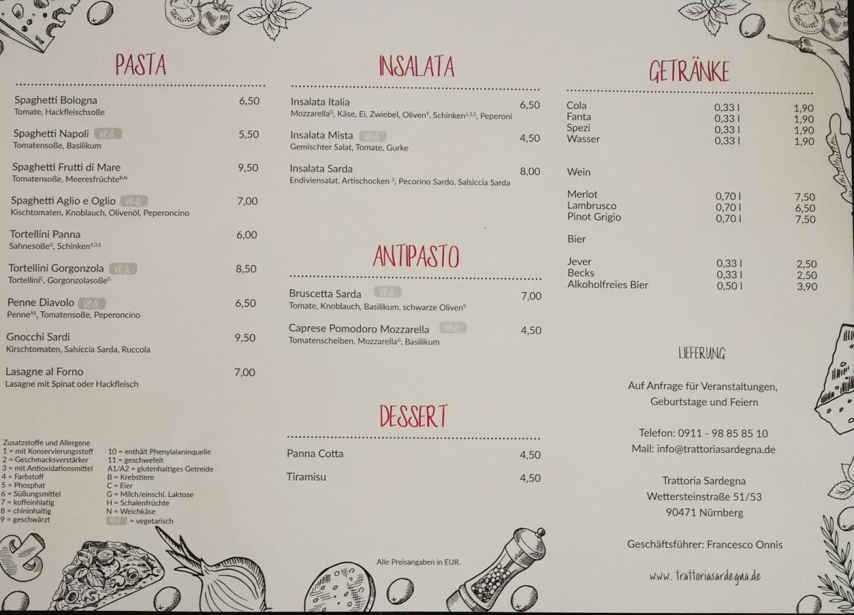 Menu at Trattoria Sardegna restaurant, Nuremberg