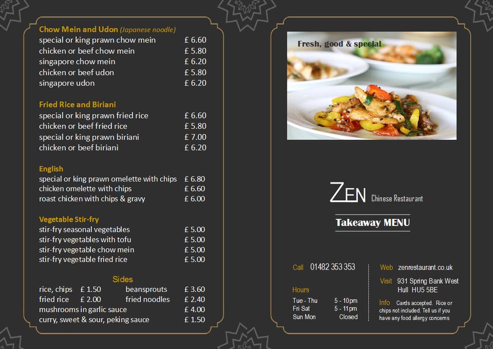 Menu at Zen Chinese Restaurant & Takeaway, Hull