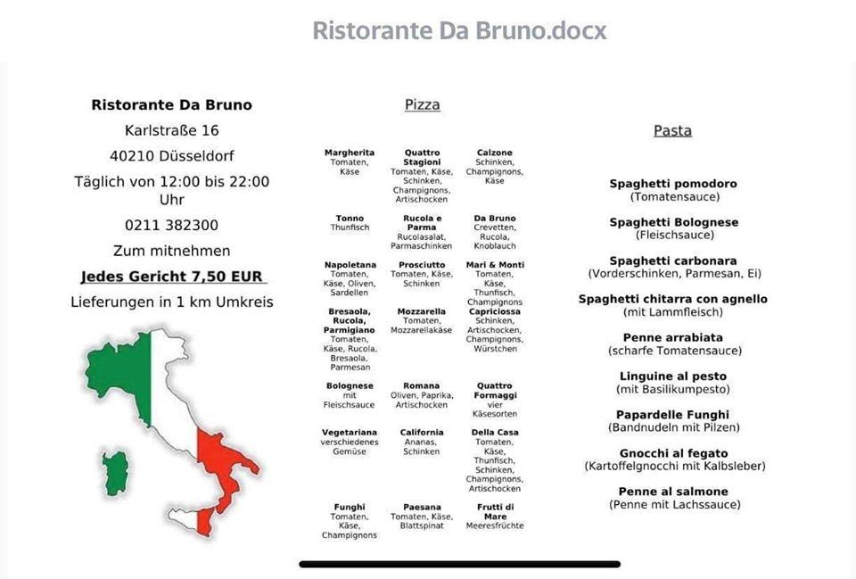 Menu at Restaurant Da Bruno, Düsseldorf