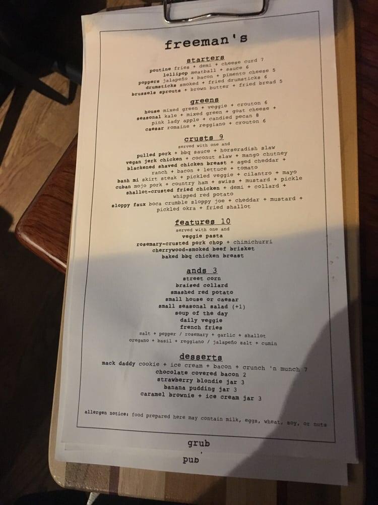 Menu at Freeman's Grub & Pub, Greensboro