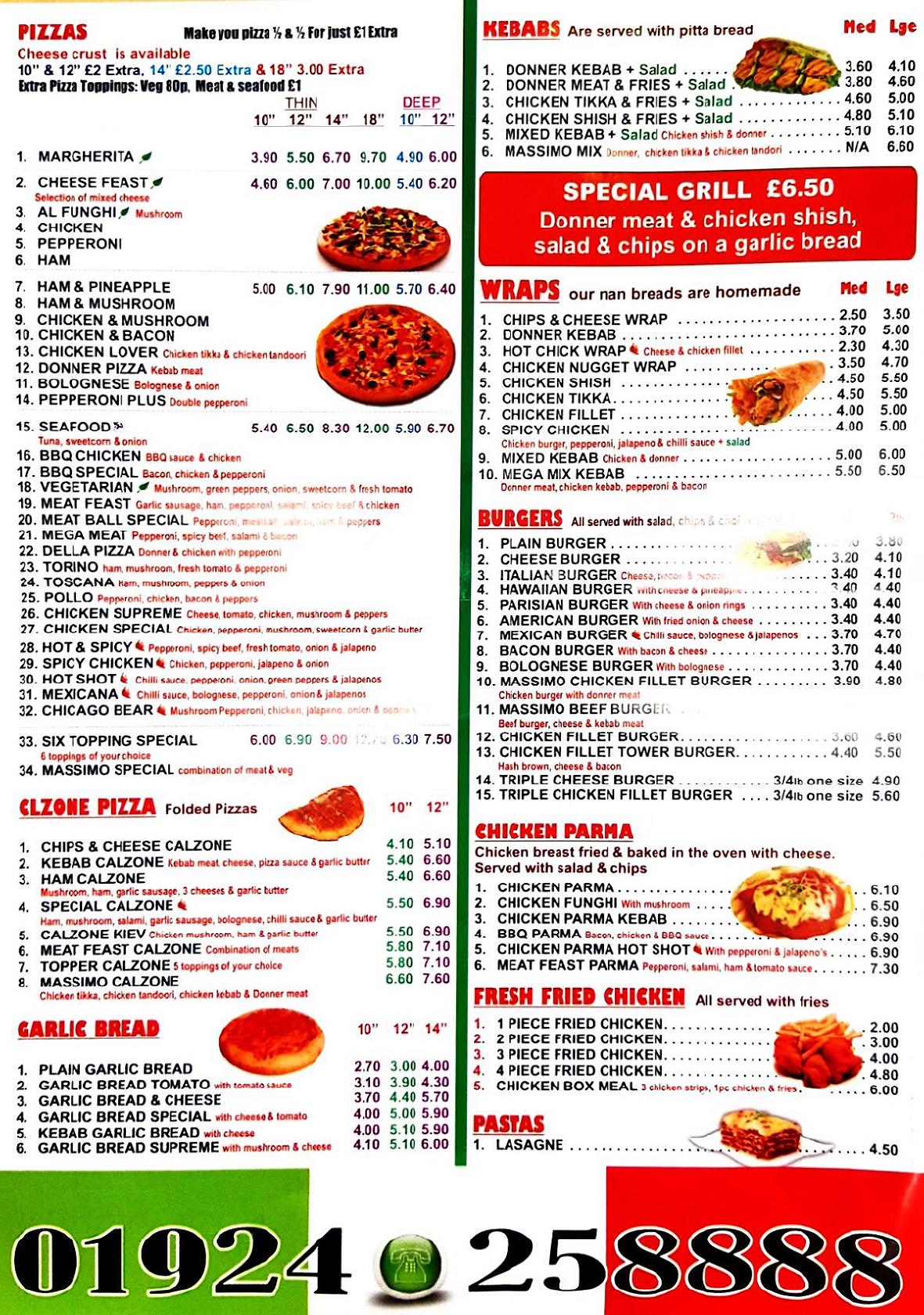 Menu at Massimo restaurant, Wakefield