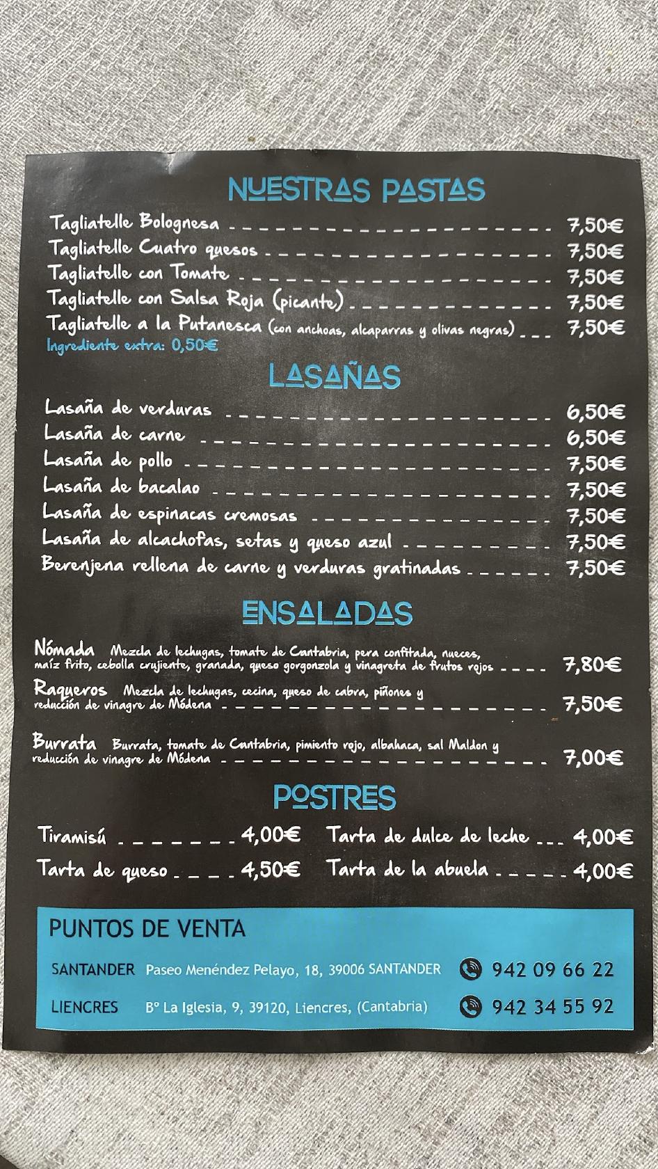 Carta del restaurante Nómada pizza, Liencres