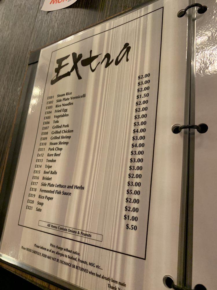 Menu at Pho Now restaurant, Toronto