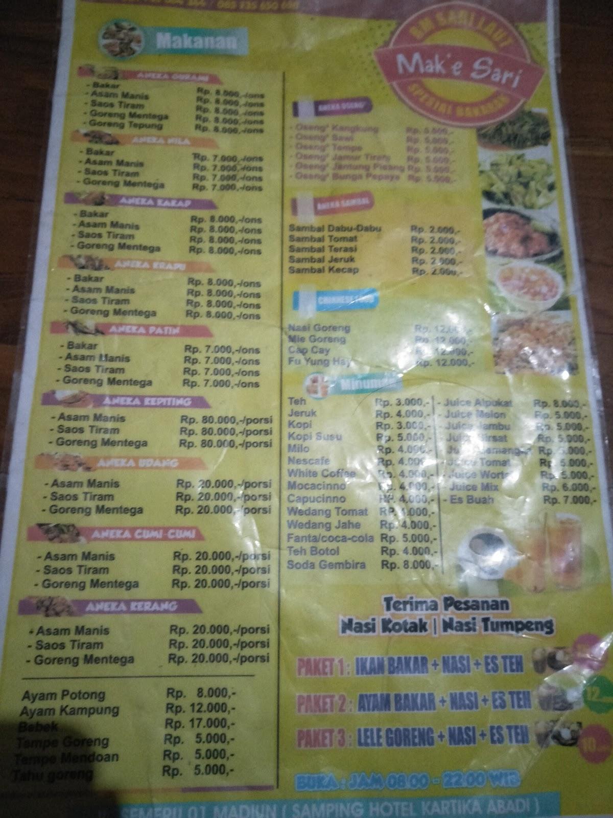 Menu at RM. Sari Laut "Mak'e Sari" restaurant, Madiun