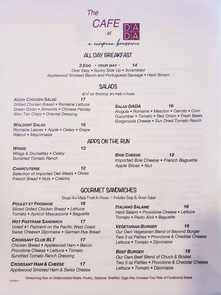 Menu at The Café at DaDa cafe, Honolulu