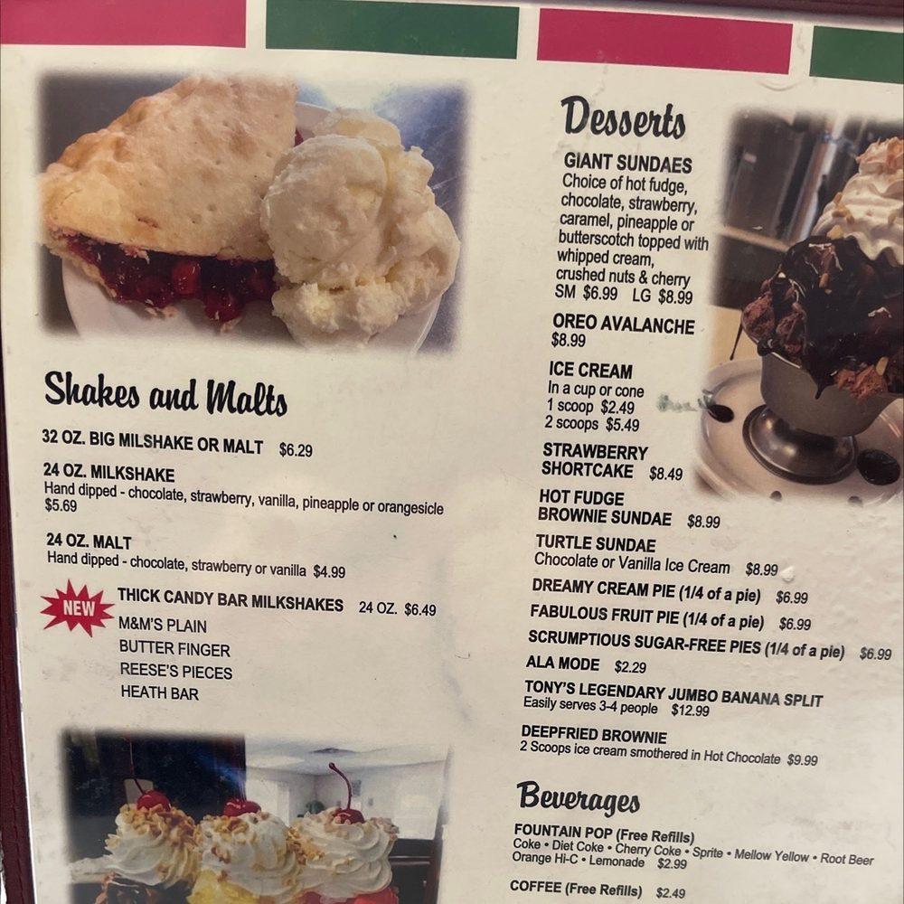 Menu at Tony’s of Shields restaurant, Thomas Township, Gratiot Rd