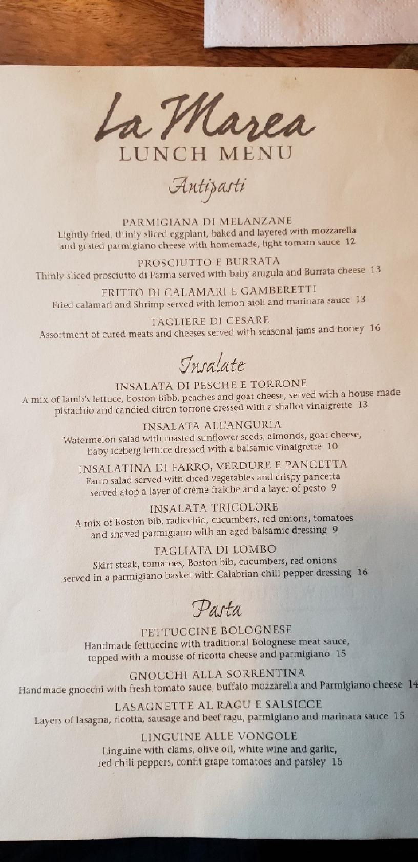 Menu at La Marea Ristorante restaurant, Old Saybrook