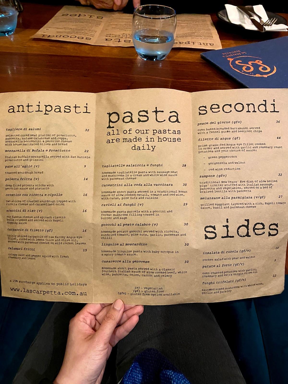 Menu at La Scarpetta Trattoria restaurant, Margaret River