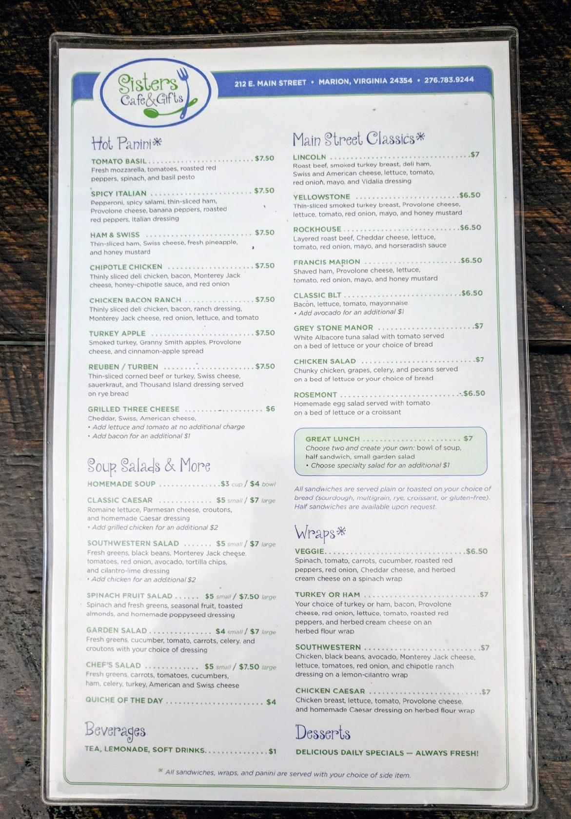 Menu at Sisters' Cafe & Gifts, Marion