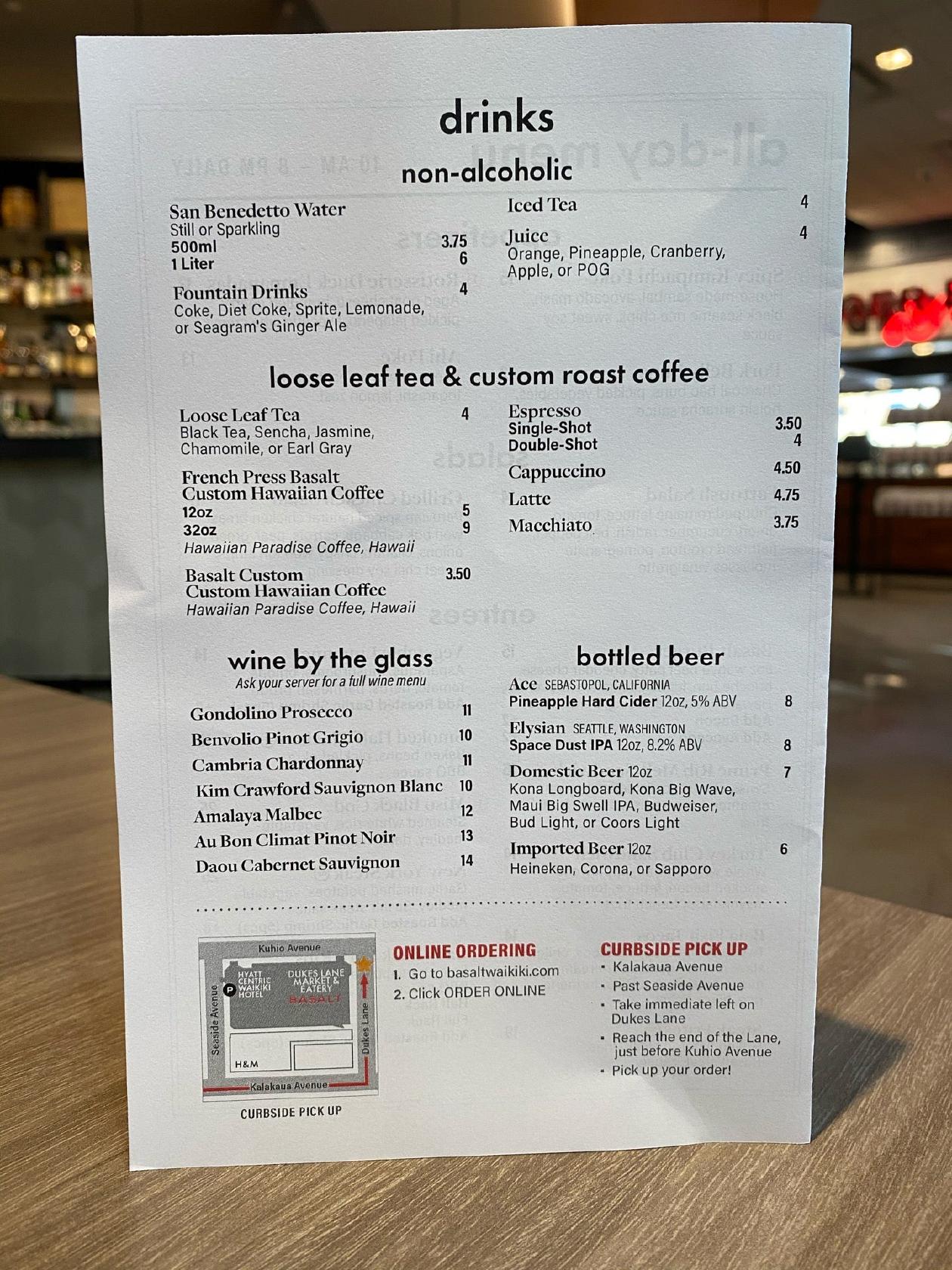 Menu at Basalt pub & bar, Honolulu, Kūhiō Ave.