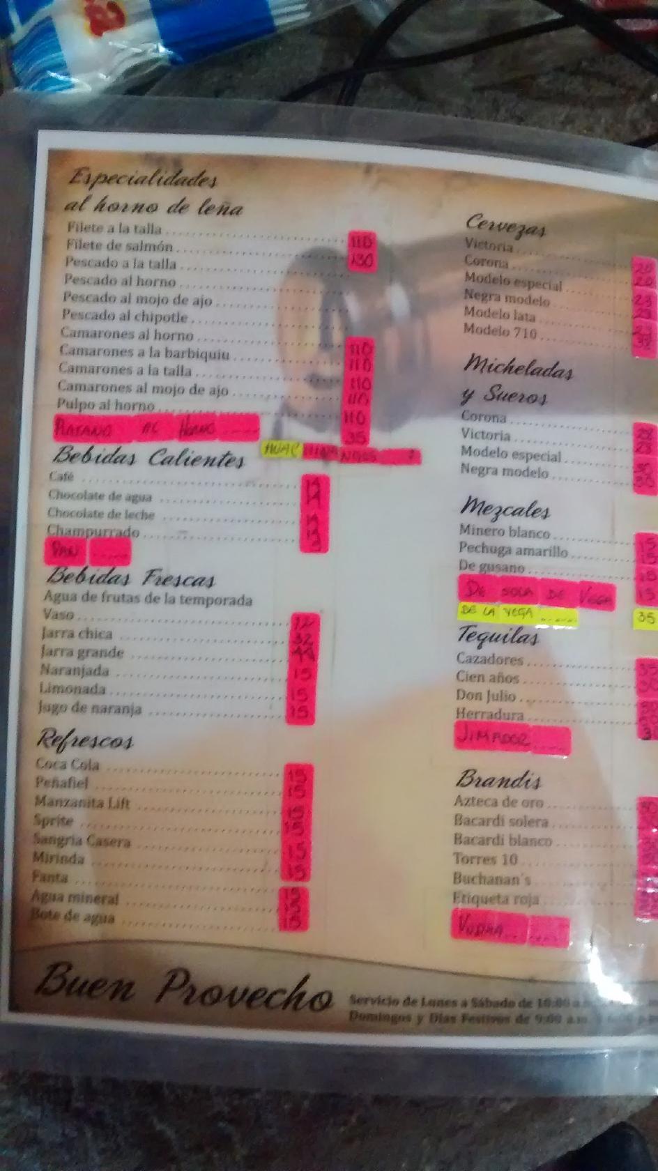 Menu at Comedor La Azucena restaurant, Tlalixtac de Cabrera