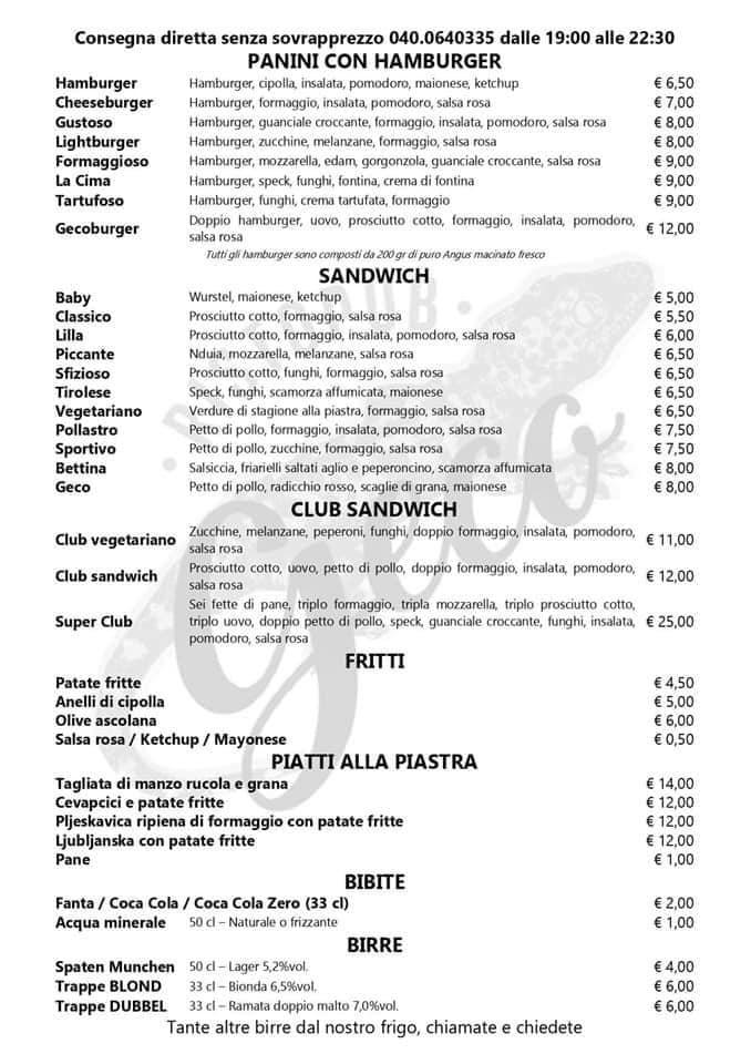 Carta del pub y bar Geco birreria e trattoria Trieste, Trieste