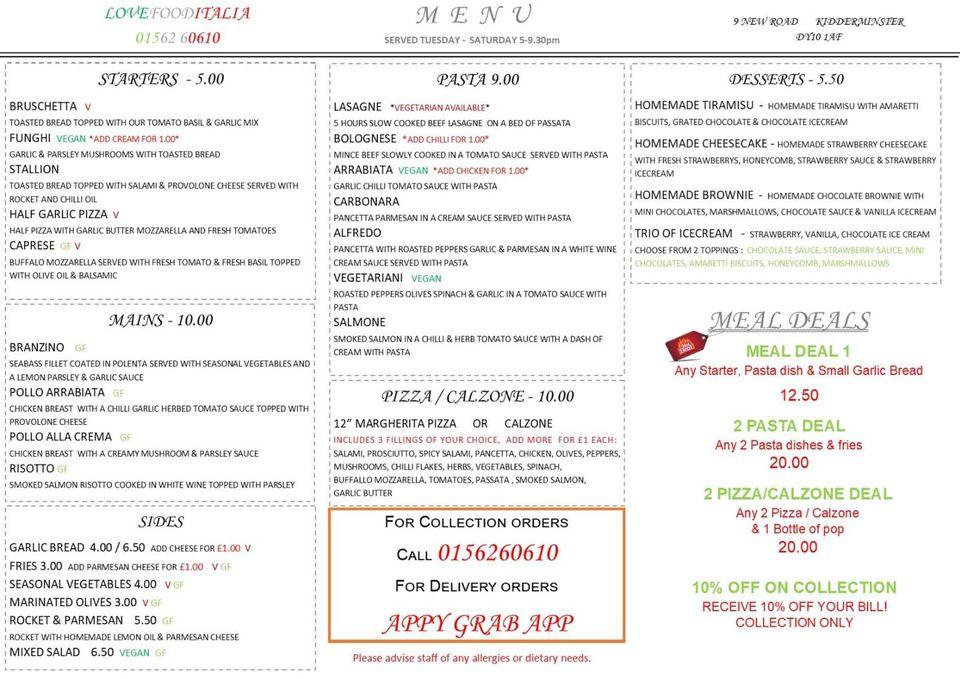 Menu at Lovefood Italia restaurant, Kidderminster